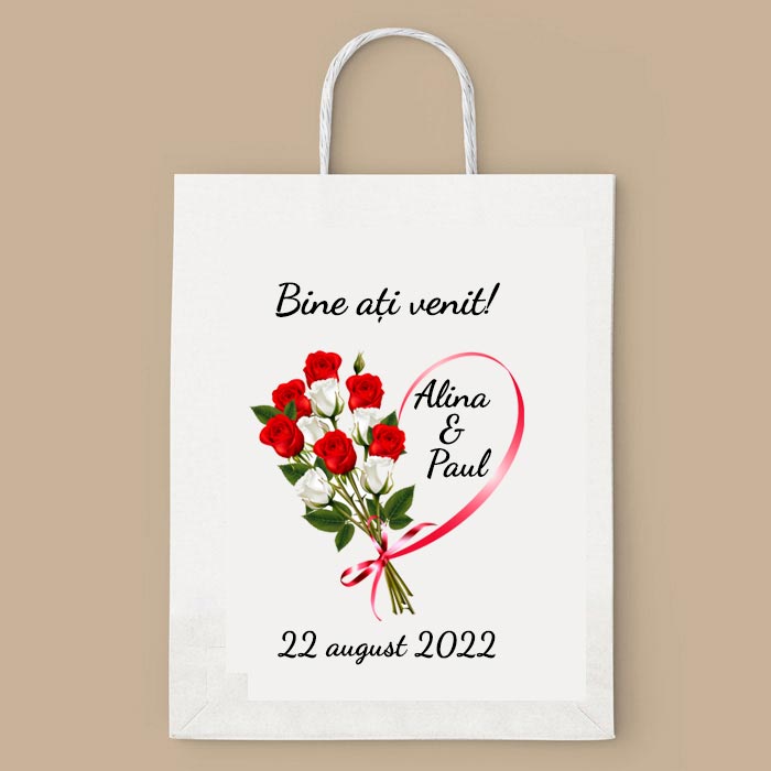 Sacoșe nuntă 14x8x21 cm din hârtie albă personalizate V9 – Printare ...